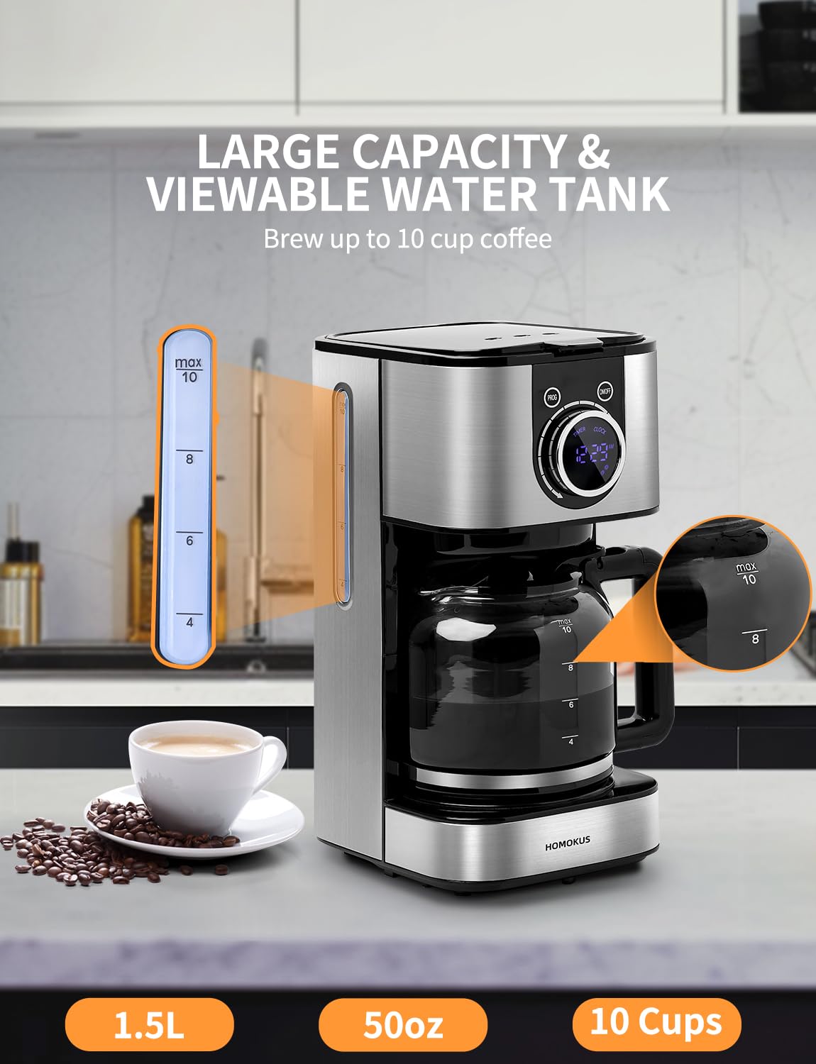 Homtone 10 Cup Programmable Coffee Maker, Drip Coffee Maker with LCD Screen, Glass Carafe, Warming Plate, Auto Shut Off, Regular & Strong Brew for Home and Office, Stainless Steel