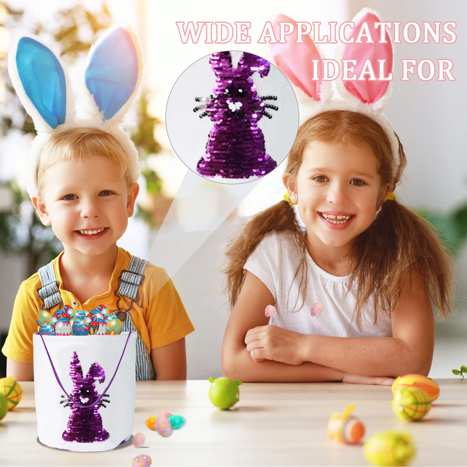 Easter Basket for Kids Easter Bunny Bag Easter Decorations, Easter Bunny Basket Bags Canvas Cotton Personalized Egg Basket Hunt Bags Cute Rabbit Print Buckets for Easter Eggs, Candy, Gift (Rose)