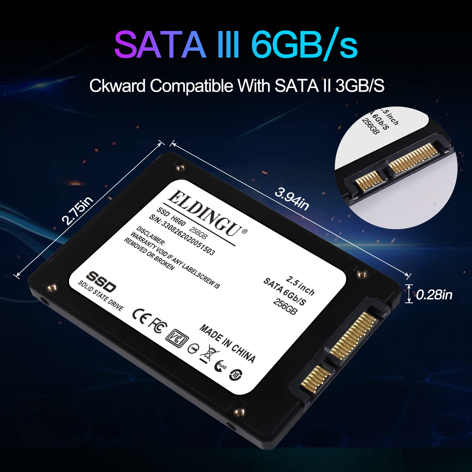 Eldingu SSD 256GB 2.5″ SATA III 6Gb/s 3D NAND Internal Solid State Drive with Sata Cable Up to 520Mb/s for Laptop and Pc H660 (Black 256gb)