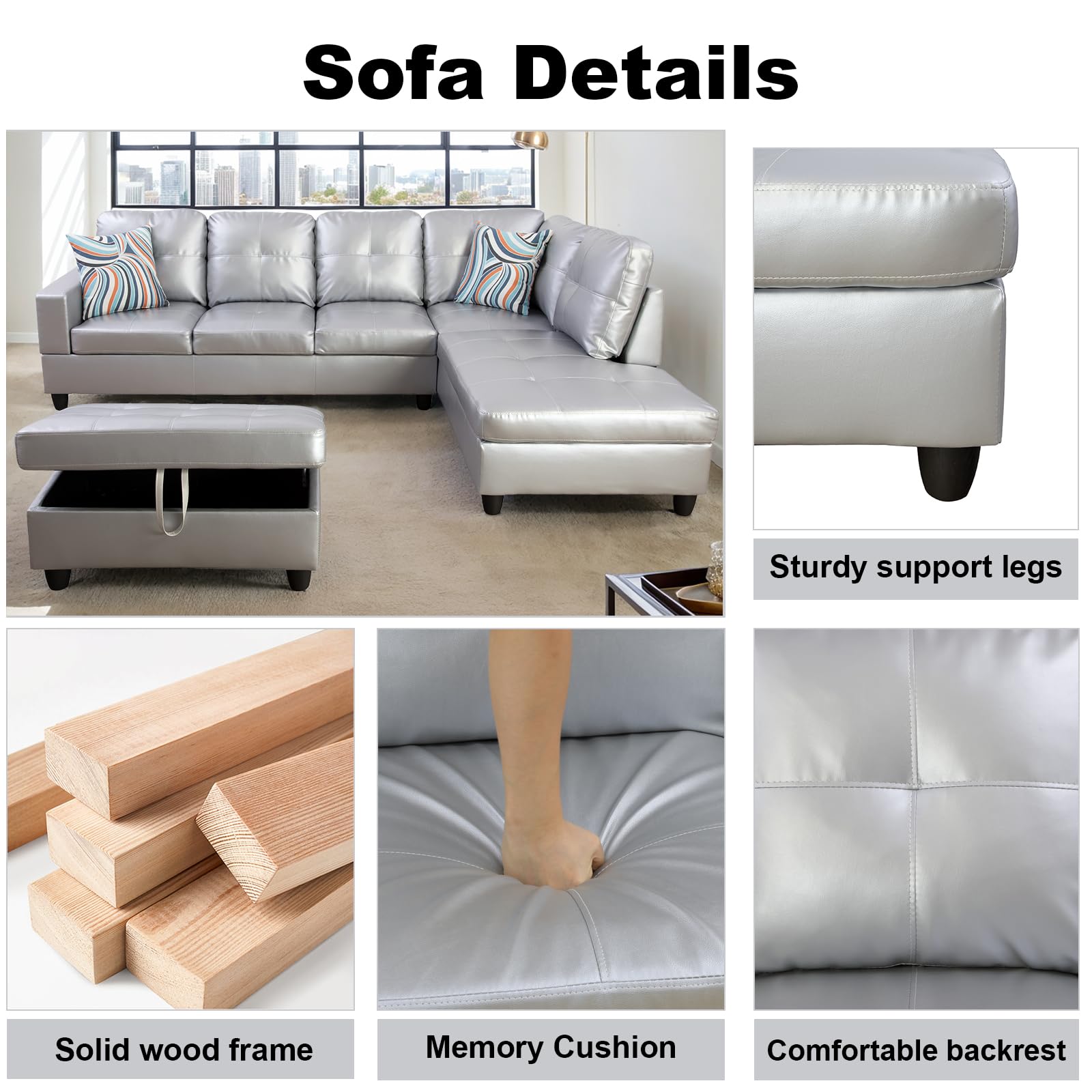 Etelifrank Modern Sectional Couch Set,Faux Leather Sofa with Chaise 3 Seating Sofa and Storage Ottoman,L Shape Sectional Sofa for Living Room Furniture Sets,(Facing Right Chaise)