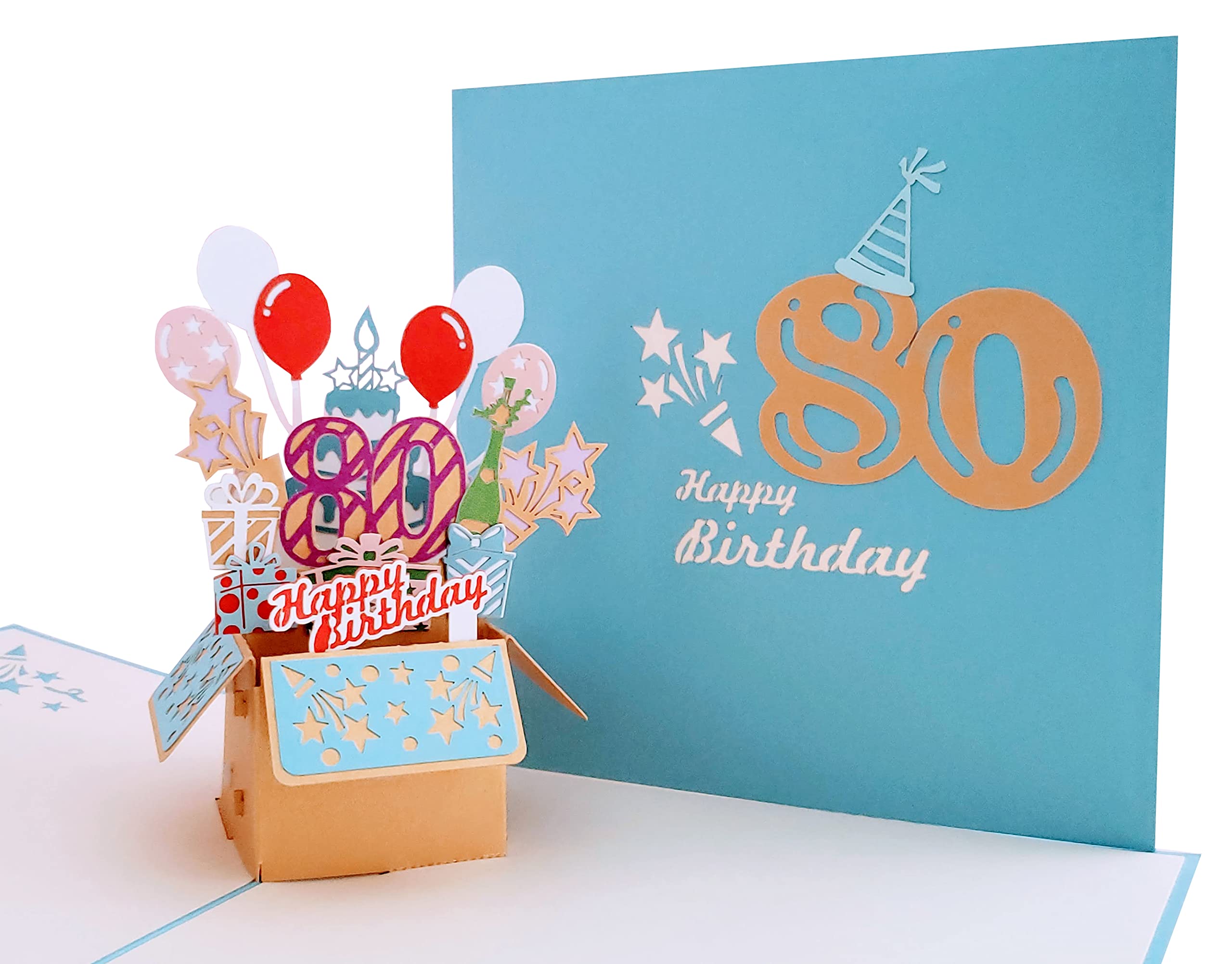 iGifts And Cards Happy 80th Blue Birthday Party Box 3D Pop Up Greeting Card – Eighty, Awesome, Balloons, Unique, Celebration, Feliz Cumpleaños, Fun, Fabulous