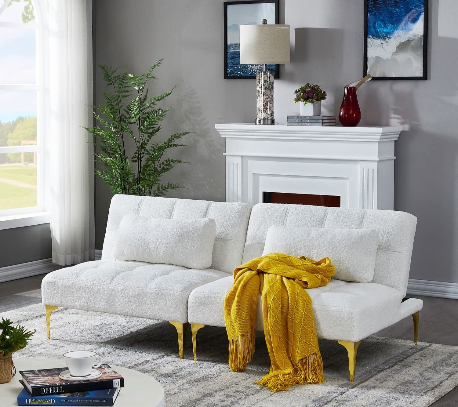 LKTART Convertible Sofa Bed futon with Gold Metal Legs for Living Room Office.White