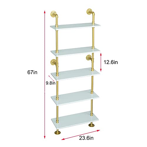 HEONITURE 5 Shelf Modern Gold Bookshelf, Wall Mount White Bookcase, Ladder Shelf with Metal Frame, Display Shelf Shelves for Living Room/Home/Office