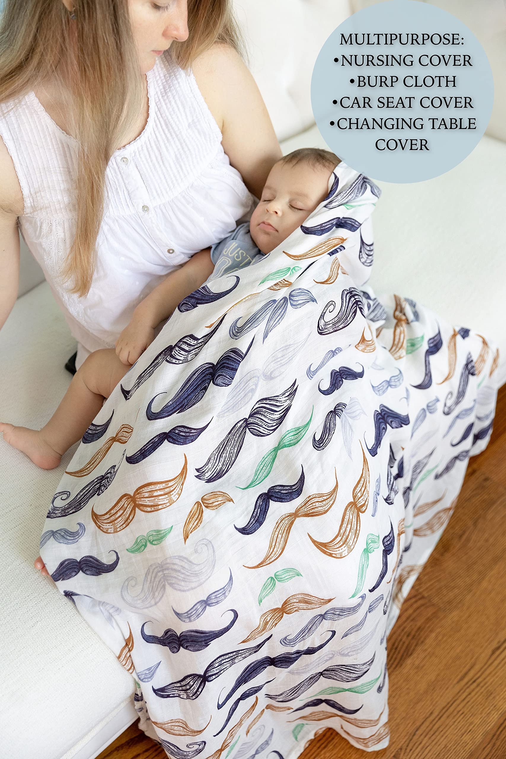 Noisy Mouse 47" x 47" Muslin Swaddle Blanket. 70% Bamboo, 30% Cotton. Little Man Mustache Patternā¦