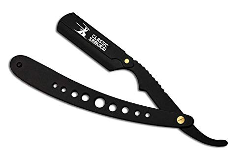 Classic Samurai New Ergonomic Design Stainless Steel Professional Folding Straight Edge Barber Razor Shavette Manual Shaver with 100 Shark Single Blades (Matte Black + 100 Shark Blades)