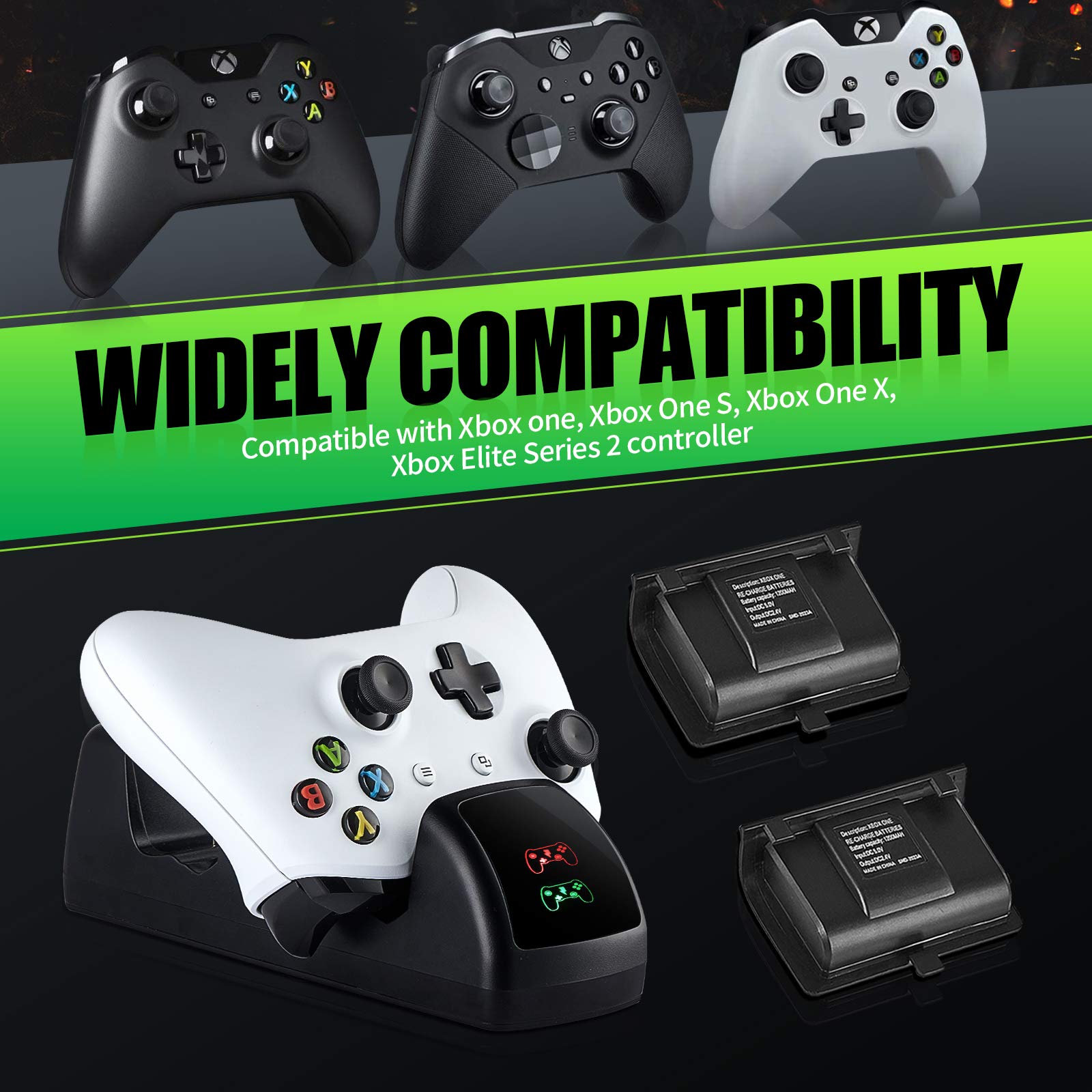 Controller Charger Station for Xbox one, Controller Battery Pack Charging Dock Station Compatible with Xbox One/One X/One S/One Elite, 2 Packs 1200 mAh Rechargeable Battery(Not for Xbox Series X)