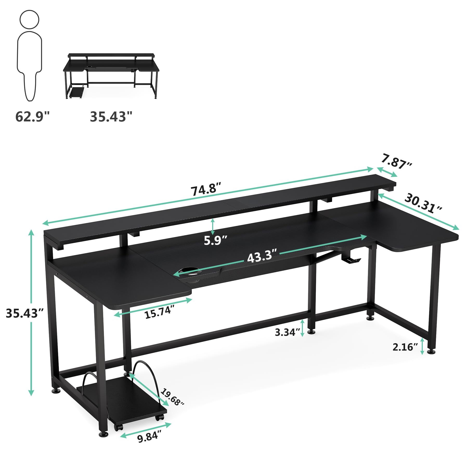 Tribesigns 74.8 Inch Gaming Desk, Extra Long U Shaped Computer Desk with Monitor Stand Shelf and CPU Stand, Black Gamer Desk for Home Office, Gaming