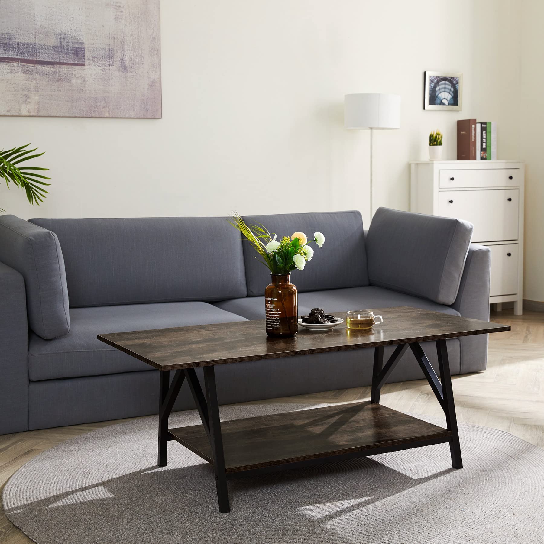 CO-Z 47" Industrial Coffee Table with Storage Shelf, Wood and Metal Legs for Living Room, 2-Tier Accent Cocktail Table, Easy Assembly, Rustic Brown