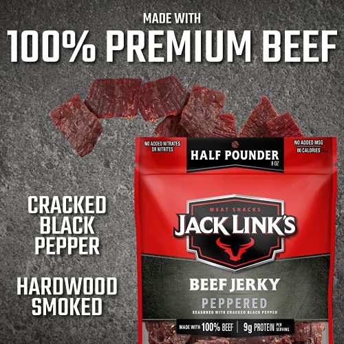 Jack Link's Beef Jerky, Peppered, 1/2 Pounder Bag - Flavorful Meat Snack, 9g of Protein and 80 Calories, Made with Premium Beef - 96% Fat Free, No Added MSG** or Nitrates/Nitrites