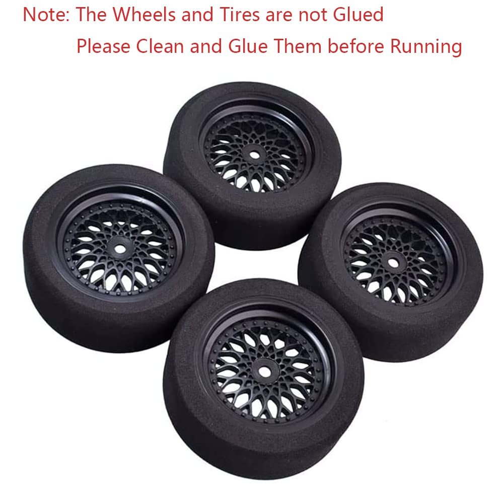 Shaluoman 4Pcs 1/10 On-Road Foam Tires& 2080-3mm Wheel Rims 12mm Hex for HSP HPI RC Racing Car Toy, Black