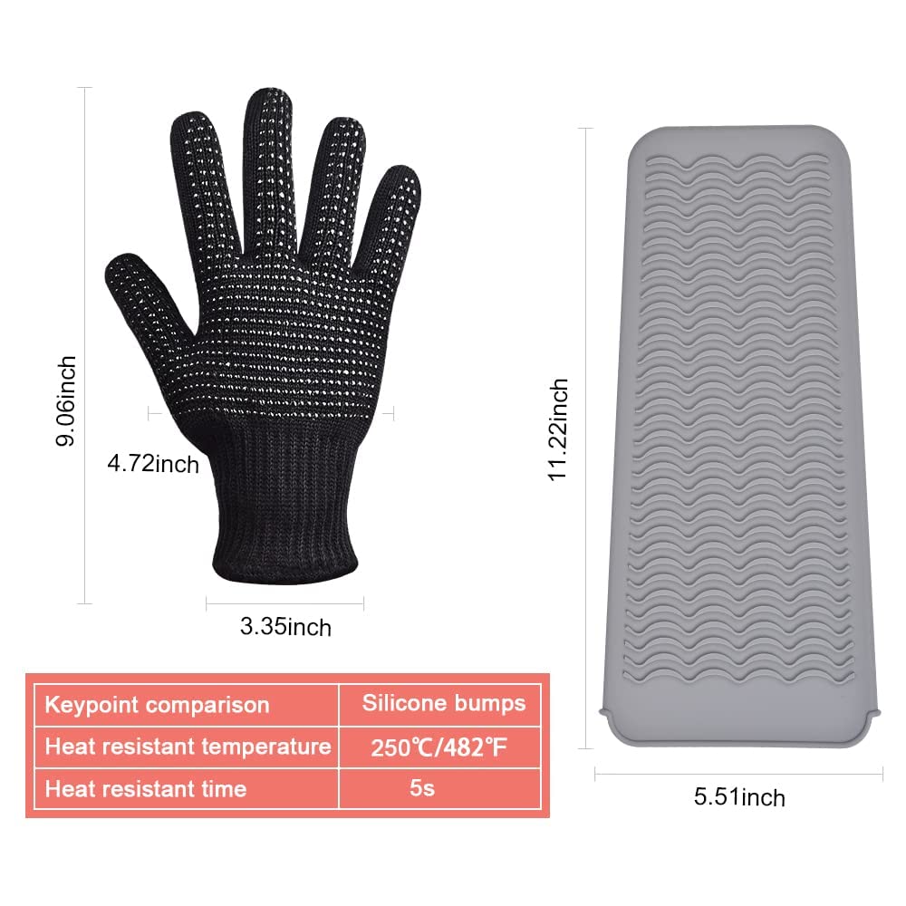 IKOCO Heat Gloves for Hair Styling, Heat Resistant Silicone Mat Pouch and 2Pcs Heat Proof Gloves Mitts for Flat Iron, Curling Iron, Straightener(Black&Grey)