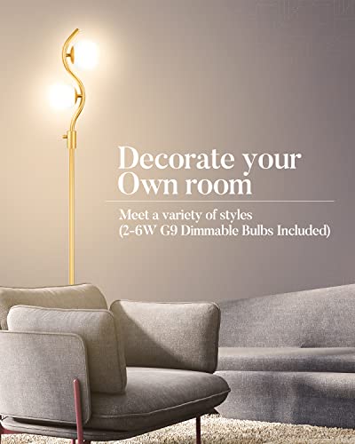 Lightdot Dimmable Globe Floor Lamp, Gold Standing Lamp with 2PCS 3000K G9 Bulbs, Frosted Shades, Industrial Tall Lamps for Bedroom Living Room Mid Century Modern Decor