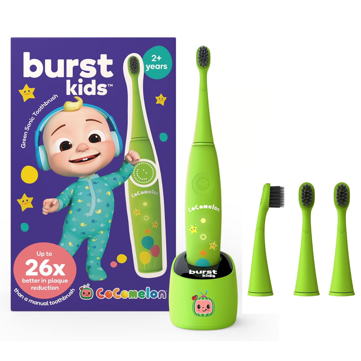 CoComelon x BURSTkids Kids Electric Toothbrush Bundle with 4 Replacement Heads - Soft Bristle Kid & Toddler Toothbrush, Ages 2+ - JJ Green