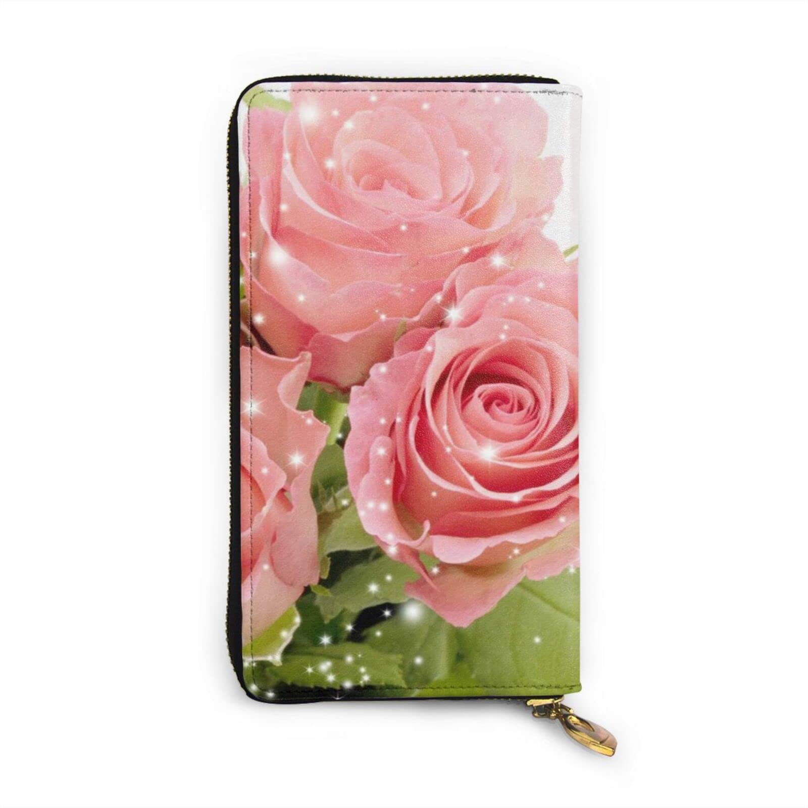 ZHRYMIFE Pink Roses And Heart Women Zip Around Leather Wallet Phone Clutch Travel Credit Card Holder Purse, Black