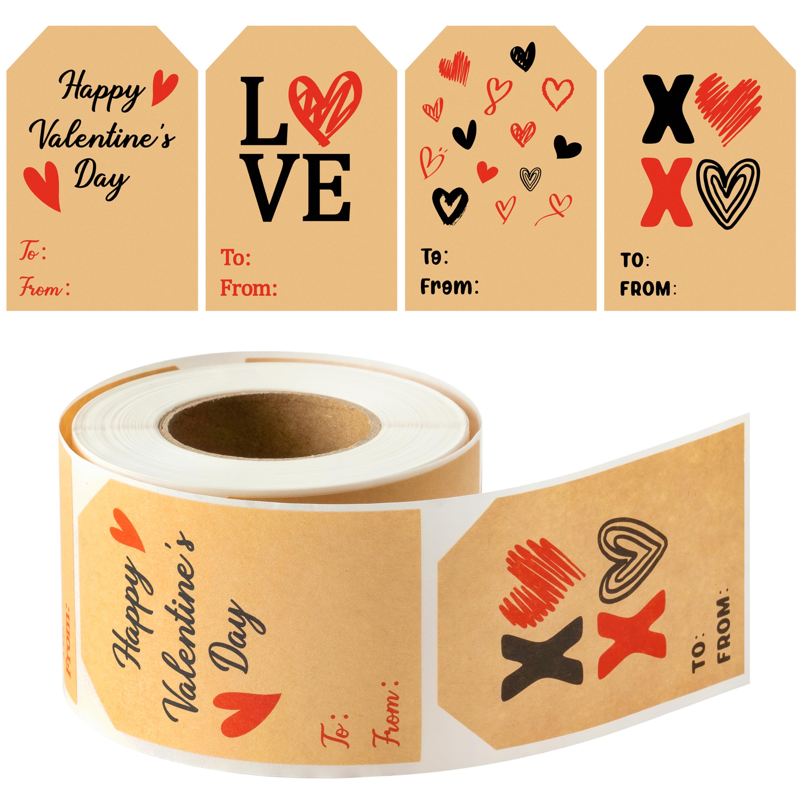 Haooryx 280Pcs Valentines Heart Gift Tags Stickers Gift Wrapping, 4 Designs Self Adhesive Kraft Paper Name Writable Labels Stickers for Valentine's Day Presents Package Envelope Seals Cards Decoration