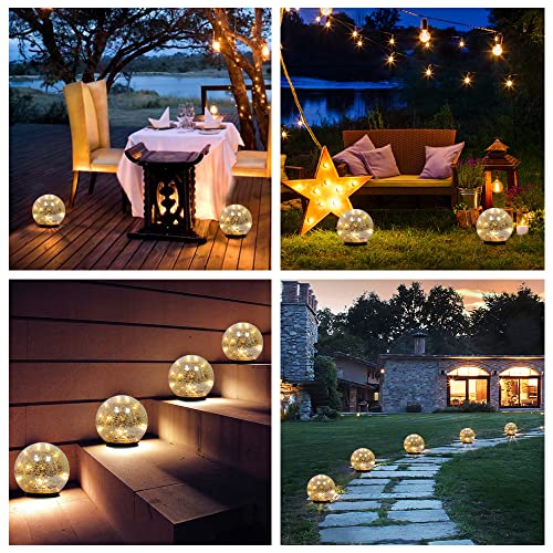 PHITRIC Garden Outdoor Decor Lights, 4 Inch Cracked Glass Ball Light Yard Decor with Timer, Upgraded Weatherproof Warm White LED Globe Lights for Outdoor Decor Pathway Patio Yard Lawn Party