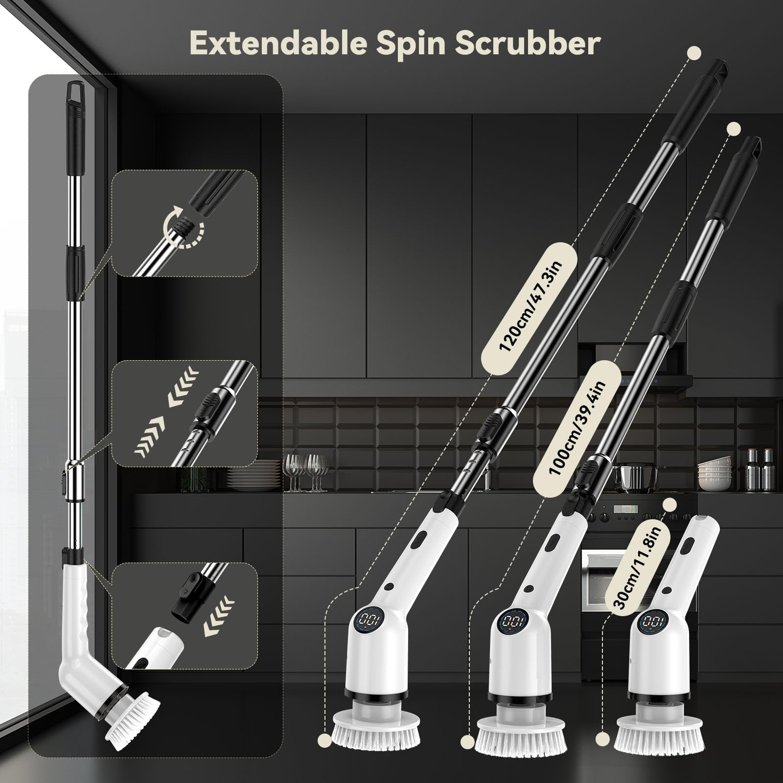 Electric Spin Scrubber - IMAXTOP Cordless Cleaning Brush with 8 Replaceable Heads, Shower Cleaner with Long Handle, Bathroom, Grout, Tub, Floor, Kitchen Cleaner