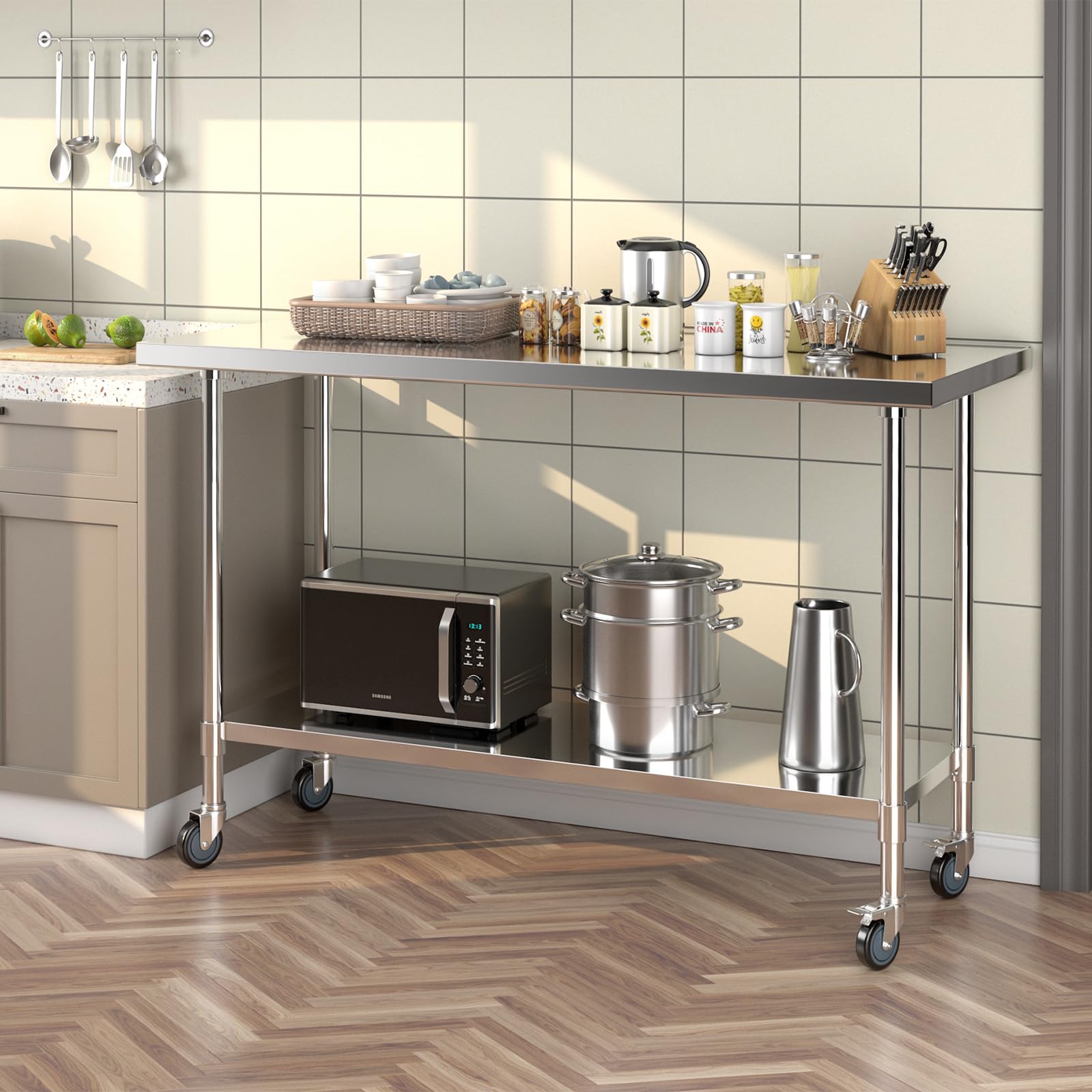 Goplus Stainless Steel Table with Wheels, 60β x 24β Rolling Kitchen Prep Table Work Table with Height Adjustable Under Shelf, Footpads, 900LBS Capacity, Food Prep Metal Table for Commercial Kitchen