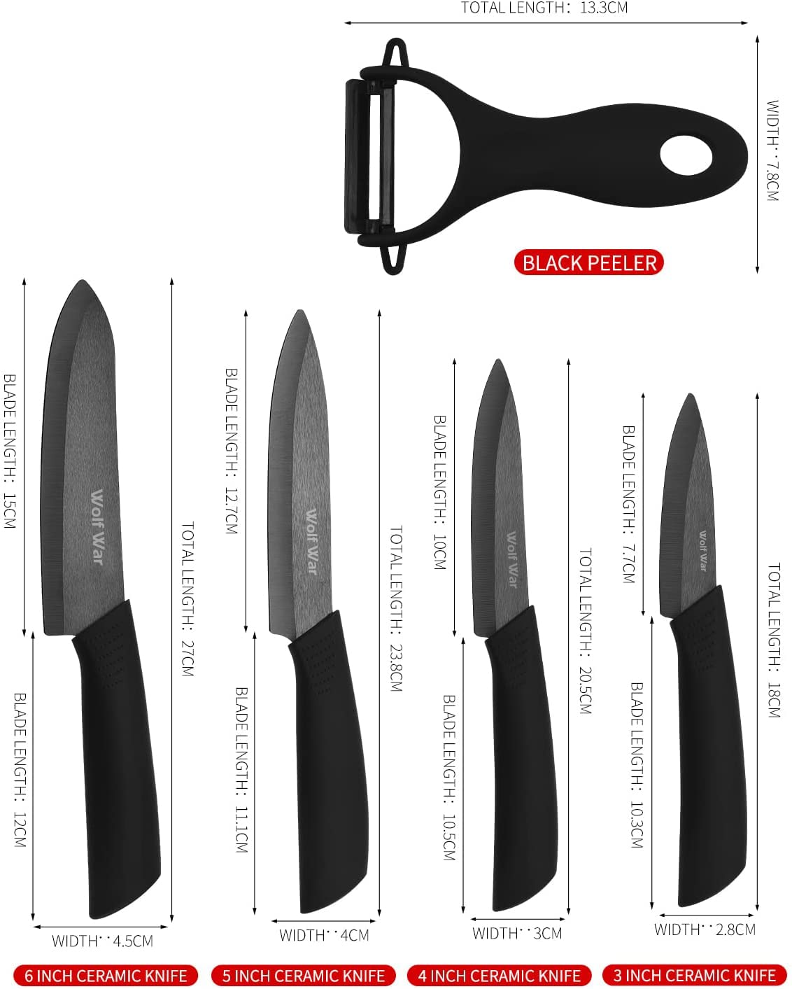 Kitchen Ceramic Knife Set Professional Knife With Sheaths, Super Sharp Rust Proof Stain Resistant (6" Chef Knife, 5" Utility Knife, 4" Fruit Knife, 3" Paring Knife, One Peeler)