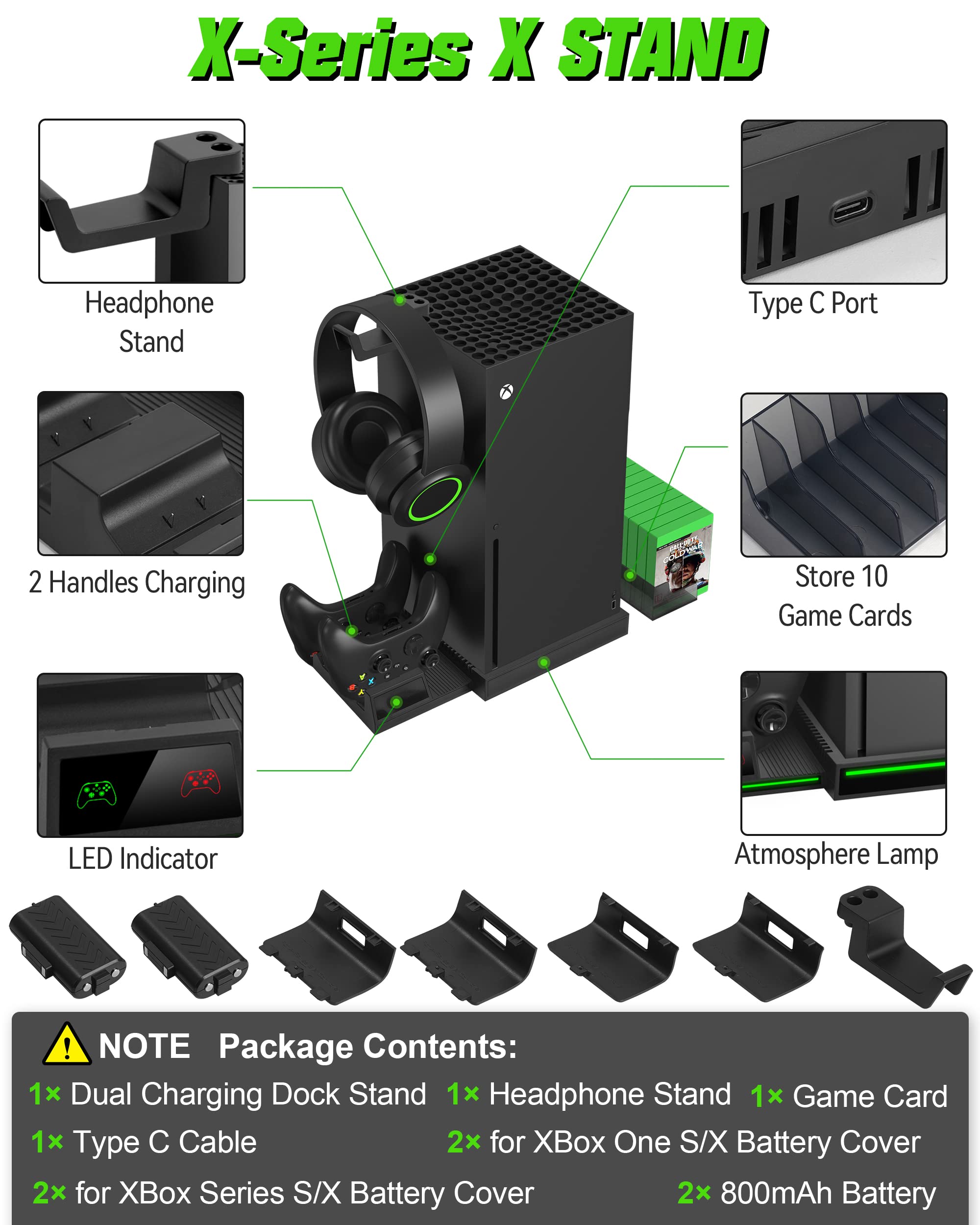 Controller Charge Stand for Xbox Series X, ZAONOOL Dual Controller Charging Station Dock for Xbox Series X with 2X 800mAh Rechargeable Battery, 10 Game Card Slot, Headset Holder and 4 Battery Cover