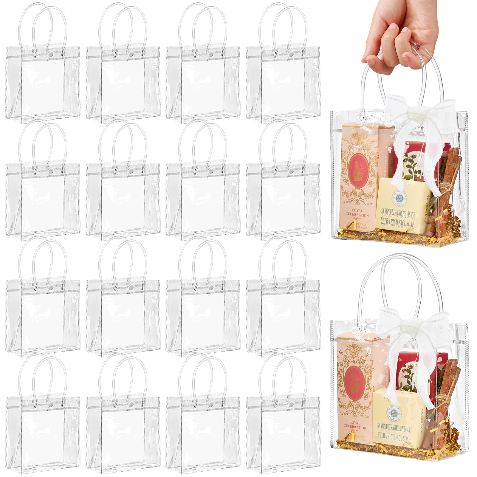 Jutieuo 16 Pack Clear Plastic Gift Bags with Handle, 6.3" x 5.9" x 2.76", Reusable Transparent PVC Gift Wrap Tote Bags with Ribbons for Wedding, Baby Shower, Birthday Party Favor Bags