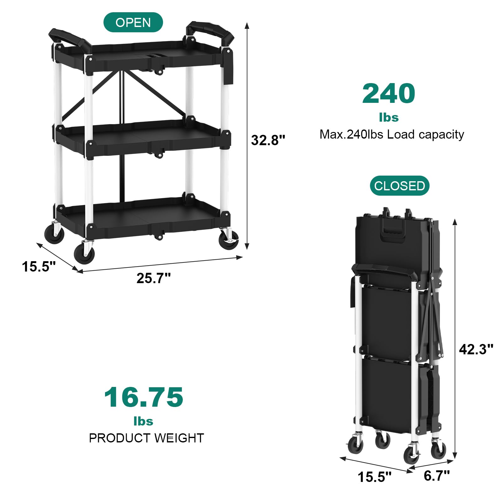 Gornoxblif Foldable Utility Service Cart, 3 Shelf 350LBS Heavy Duty Rolling Cart with Wheels, Portable Folding Tool Cart for Garages Warehouse Office Home (Black)
