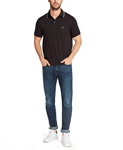Nautica Men's Classic Fit Short Sleeve Dual Tipped Collar Polo Shirt, True black, Large