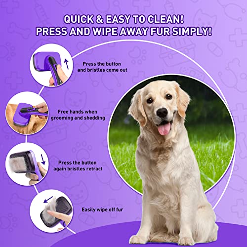 Pet Self Cleaning Slicker Brush for Shedding & Grooming Long Short Haired Dogs, Cats Retractable Brush for Large and Small Gently Removes Loose Undercoat, Mats Tangled Hair from Pet's Coat - Purple