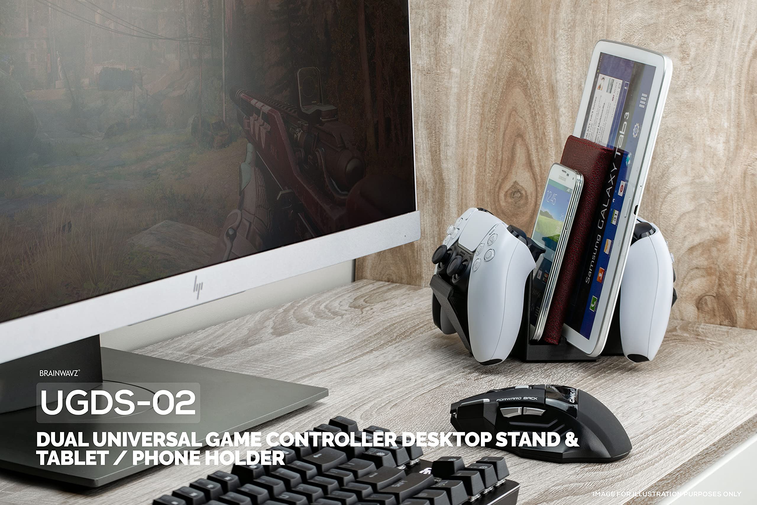 BRAINWAVZ Dual Game Controller & Tablet Phone Desktop Holder - Universal Design for most Gamepads & Tablet, Reduce Clutter & Stay Organized, UGDS-02