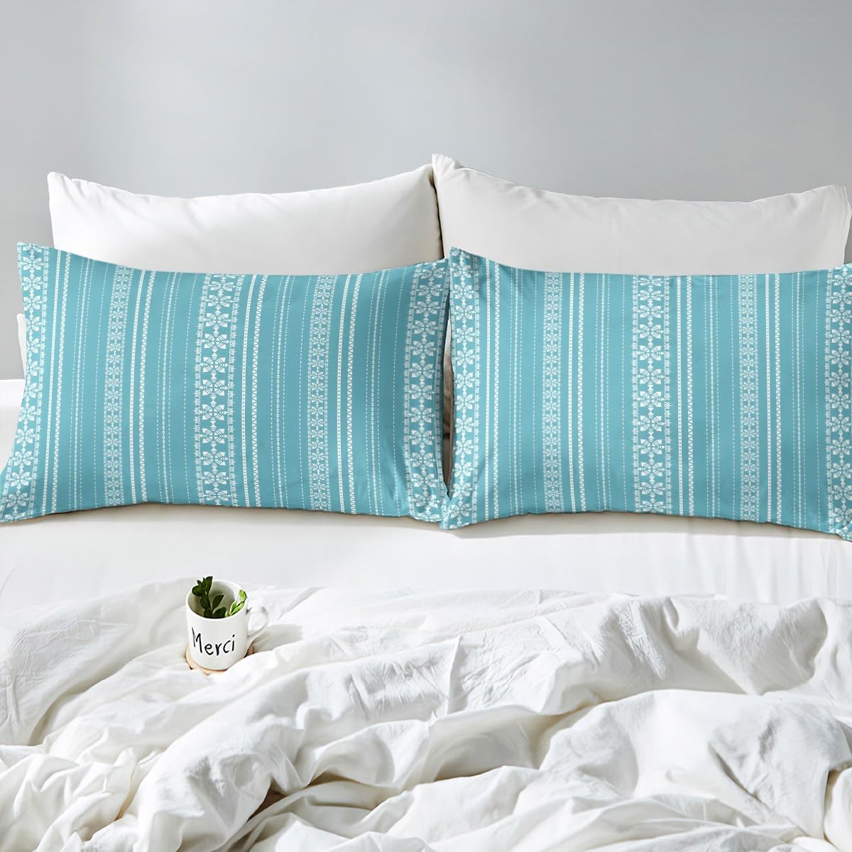 Feelyou Bohemian Comforter Full Size with 2 Pillow Cases Light Blue Boho Comforter Set Aztec Pattern Bedding Set Modern Geometric Quilted Duvet Set for Boys Girls Kids Adults
