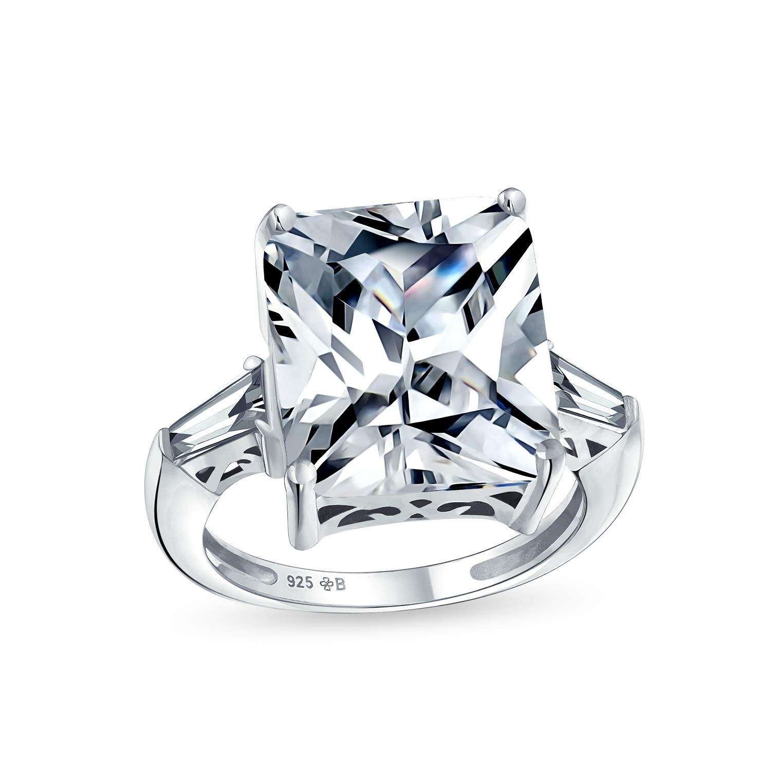 Bling Jewelry Art Deco Style .925 Sterling Silver Large 10CT Rectangle AAA CZ Cubic Zirconia Brilliant Cut Statement Engagement Ring Baguette Side Stones