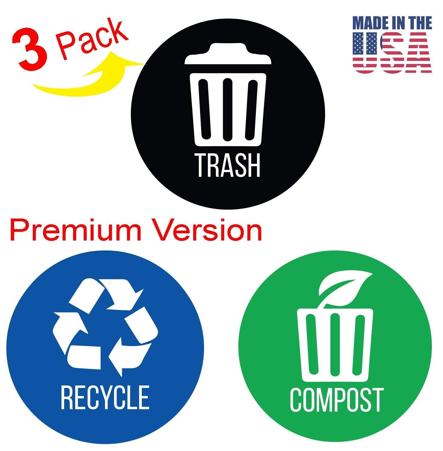 iTouchless Trash Stickers Premium Vinyl Decals for Trash Can; 3" Round Waterproof, Reusable (Set of 3); Indoor/Outdoor