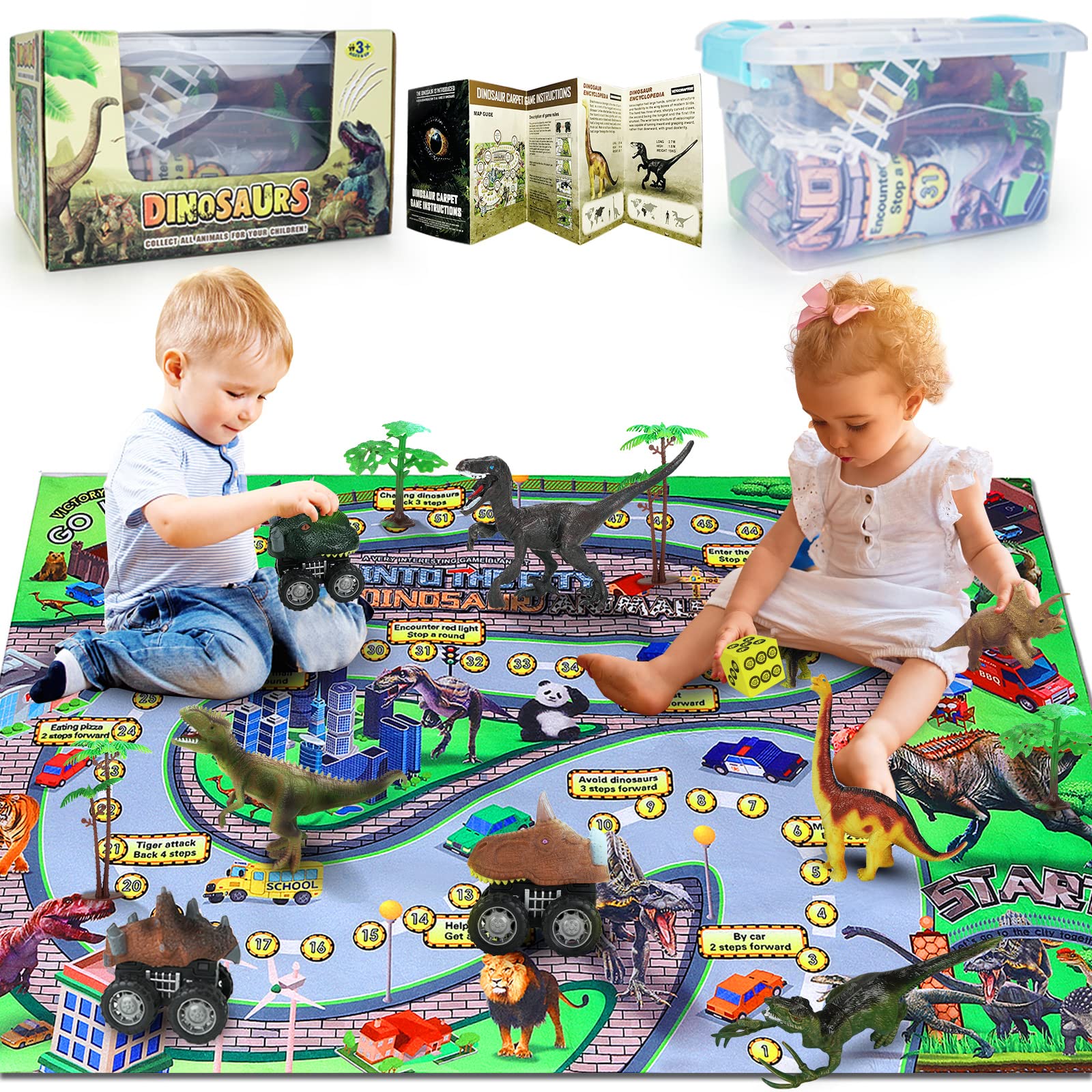 SHIRLIN Dinosaur Toy Figure w/ Activity 46''× 32'' Large Play Mat & Trees, Educational Realistic Dinosaur Playset Including Triceratops Velociraptor Gifts for Kids Boys & Girls