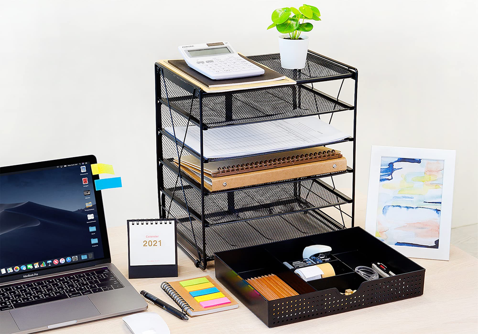 CAXXA 5 Tier Mesh Letter Tray, Desk File Organizer, Desktop Paper Tray Holder with Drawer, Black