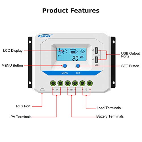 EPEVERĀ® 10A Solar Charge Controller 12V/24V Auto Working PWM Solar Panel Charge Regulator with LCD Display and Powerful Dual USB Output