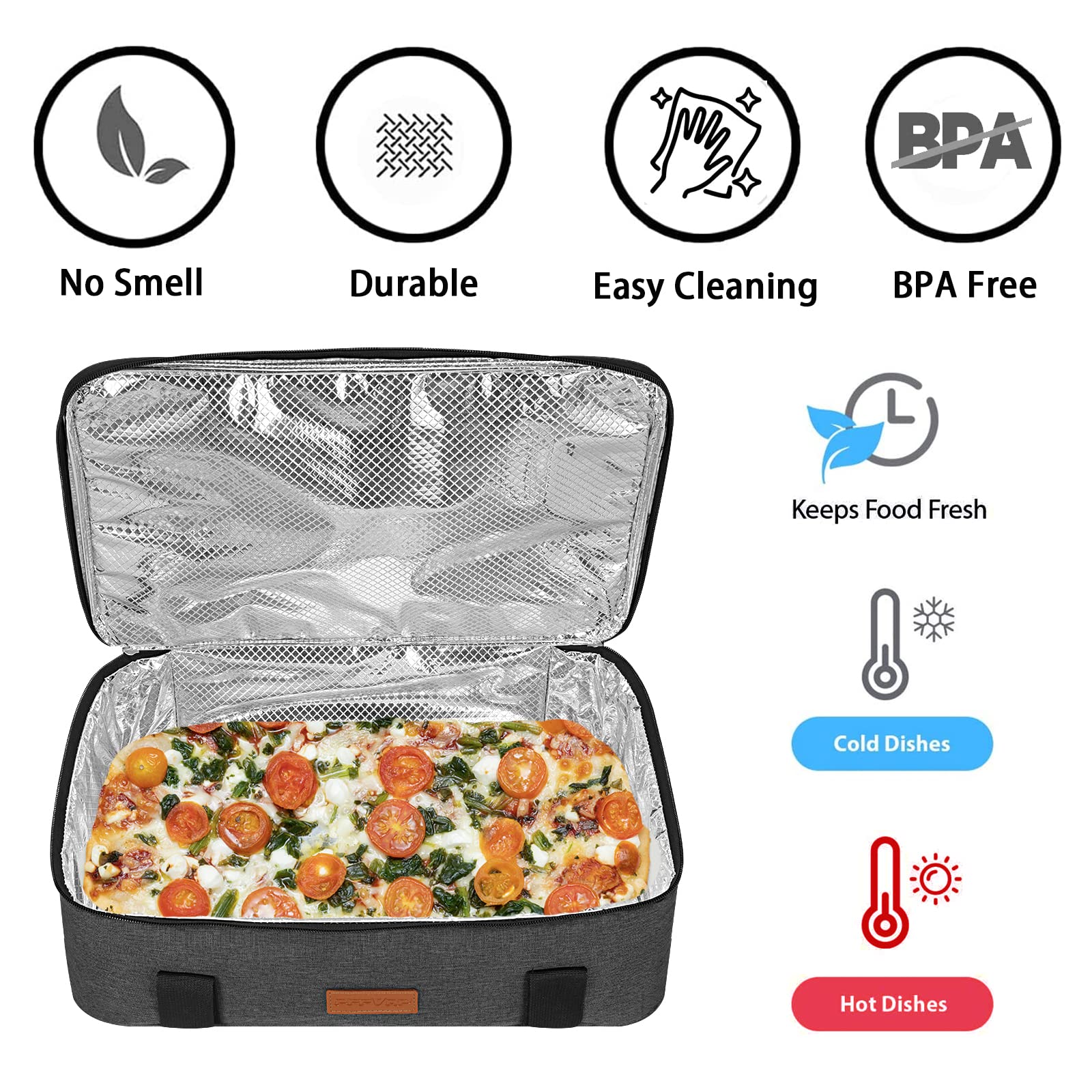 PFFVRP Insulated Casserole Carrier for Hot or Cold Food, Reusable Insulated Food Carrier for Potluck Parties, Picnic, Cookouts, Fits 11 x 15 or 9 x 13 Lasagna Pan, Casserole Dish, Baking Dish（Gray）