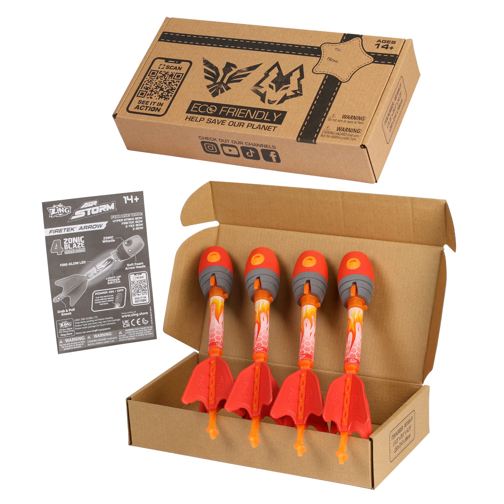 Zing Firetek Arrow Refill Pack, 4X Light up Whistling Arrows, for Long Range Outdoor Play with Friends and Family, for Ages 14 and Up