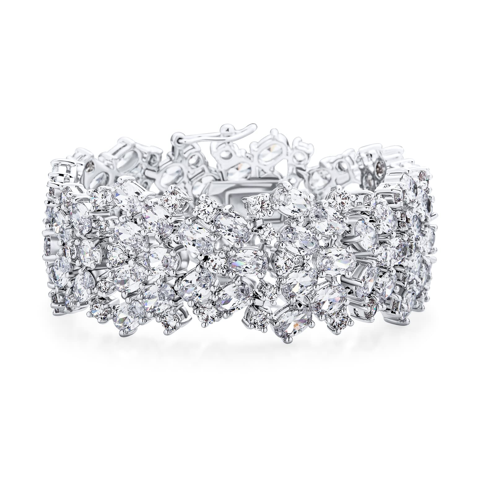 Bling Jewelry Elegant Formal AAA CZ Wide Statement Bracelet for Women, Prom, Wedding or Bridal Occasions Multi Row Big Oval Cubic Zirconia Cluster Design Silver Plated