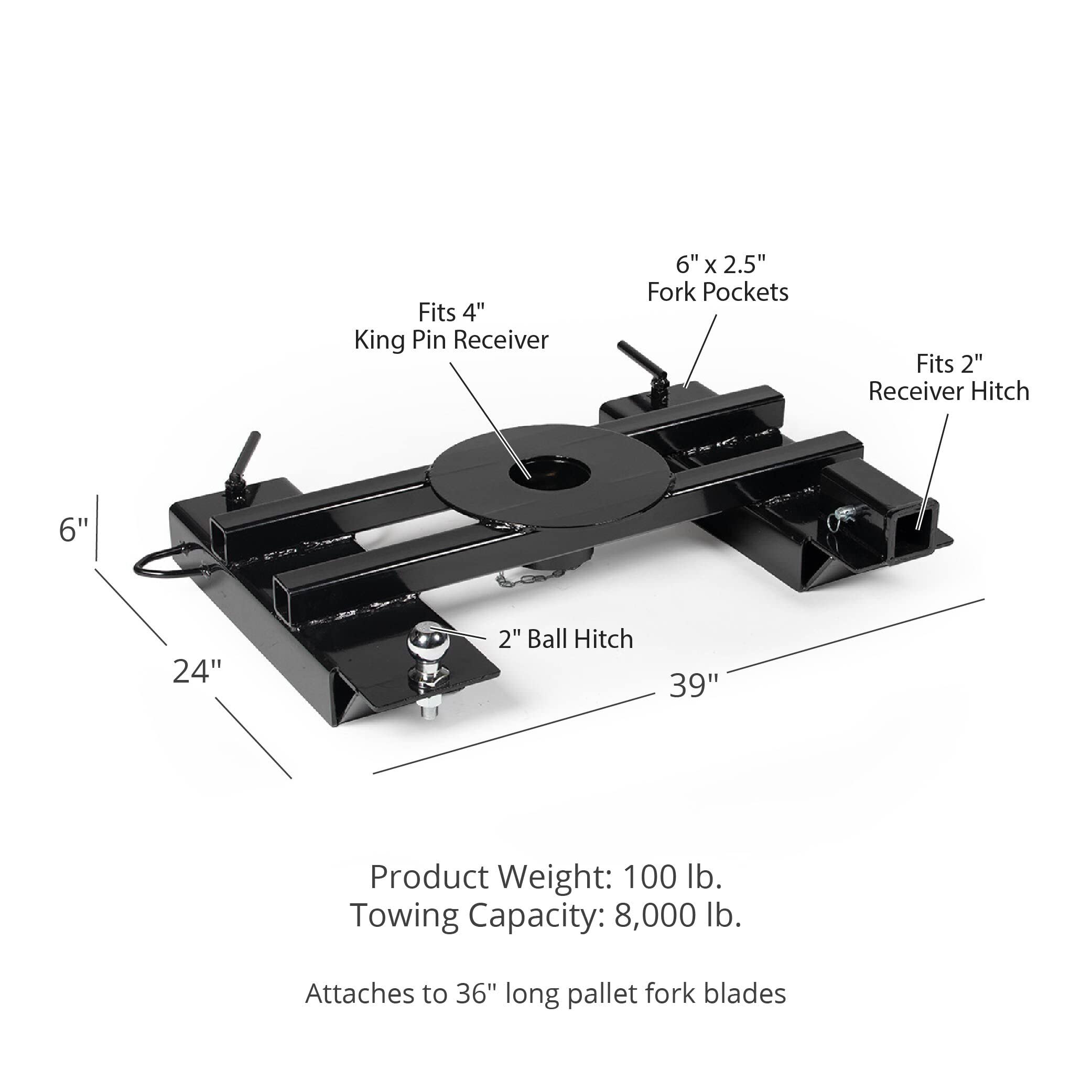 Titan Attachments 3-In-1 Forklift Mounted Hitch, 8000 LB Tow Capacity, 2" Ball Hitch, 2" Receiver Hitch, 2" Ball Kingpin Hitch Receiver, Clamp-On Fork Mount for Forklifts, Skid Steers, or Telehandlers