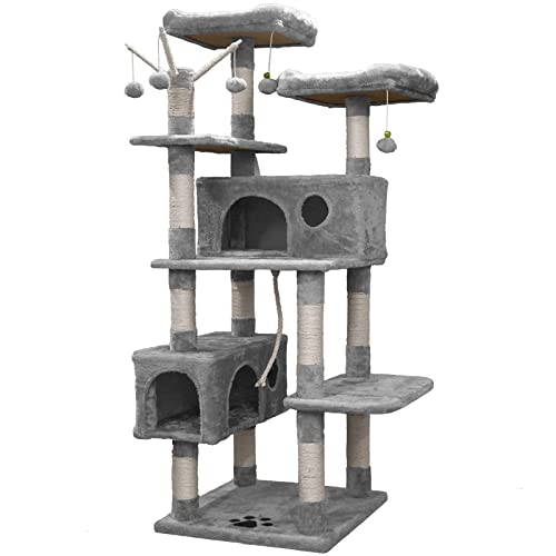 NEGTTE Cat Tree Tower for Indoor Cats,64 inches Large Multi-Level Cat Activity Center with Condos,Scratching Posts,Removable Fur Ball Sticks,Light Gray