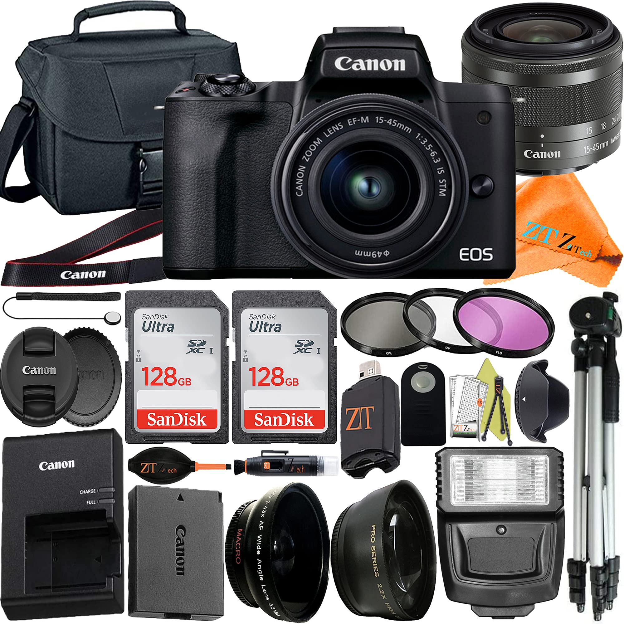 Canon EOS M50 Mark II Mirrorless Digital Camera with 15-45mm STM Lens + ZeeTech Accessory Bundle, 2 Pack SanDisk 128GB Memory Card, Tripod, Case and Flash Light (22 pcs Bundle) (Renewed)