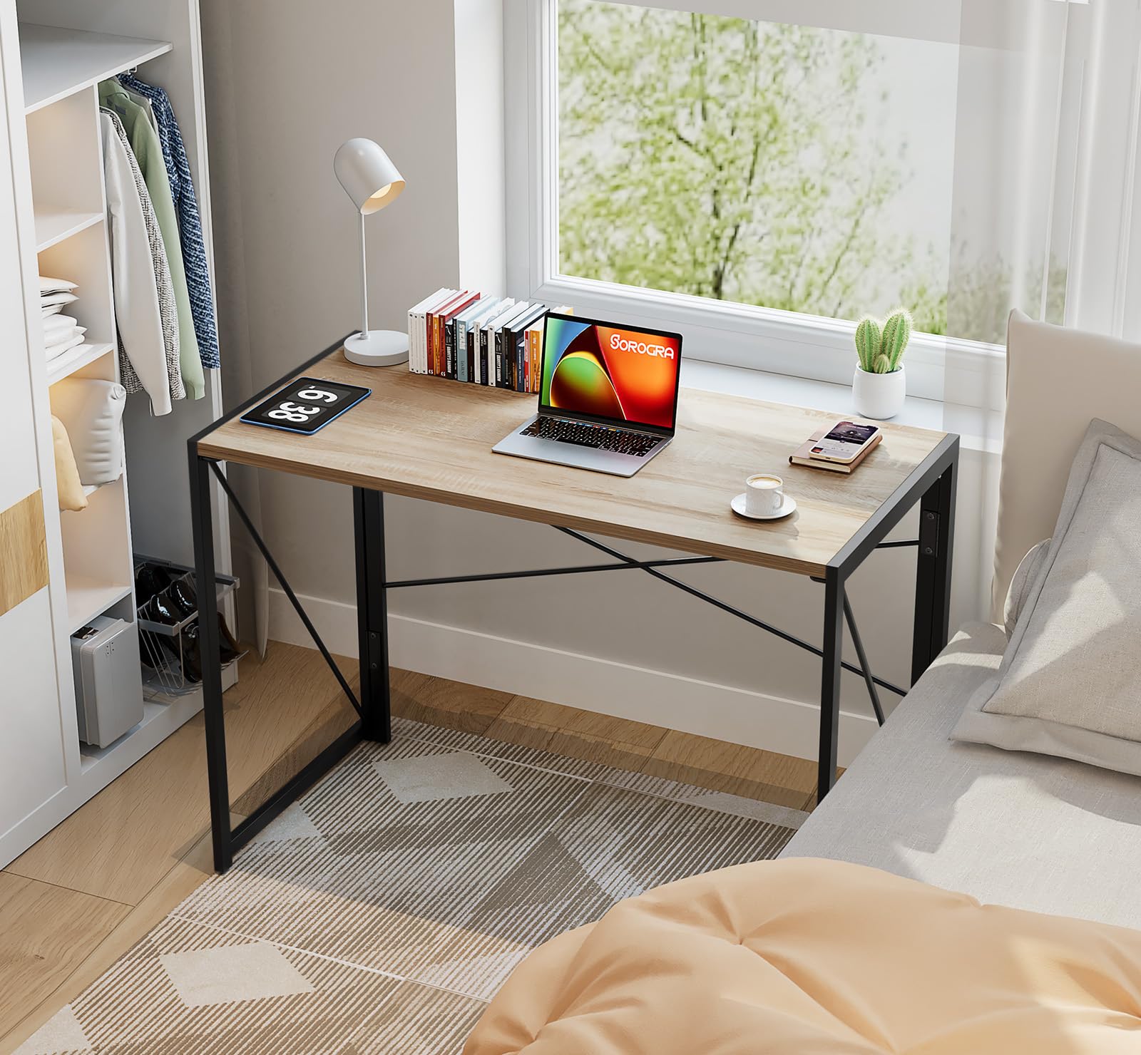 Coavas Computer Desk Writing Study Desk Folding Laptop Table for Home Office Modern Simple Workstation Brown Desktop Black Frame