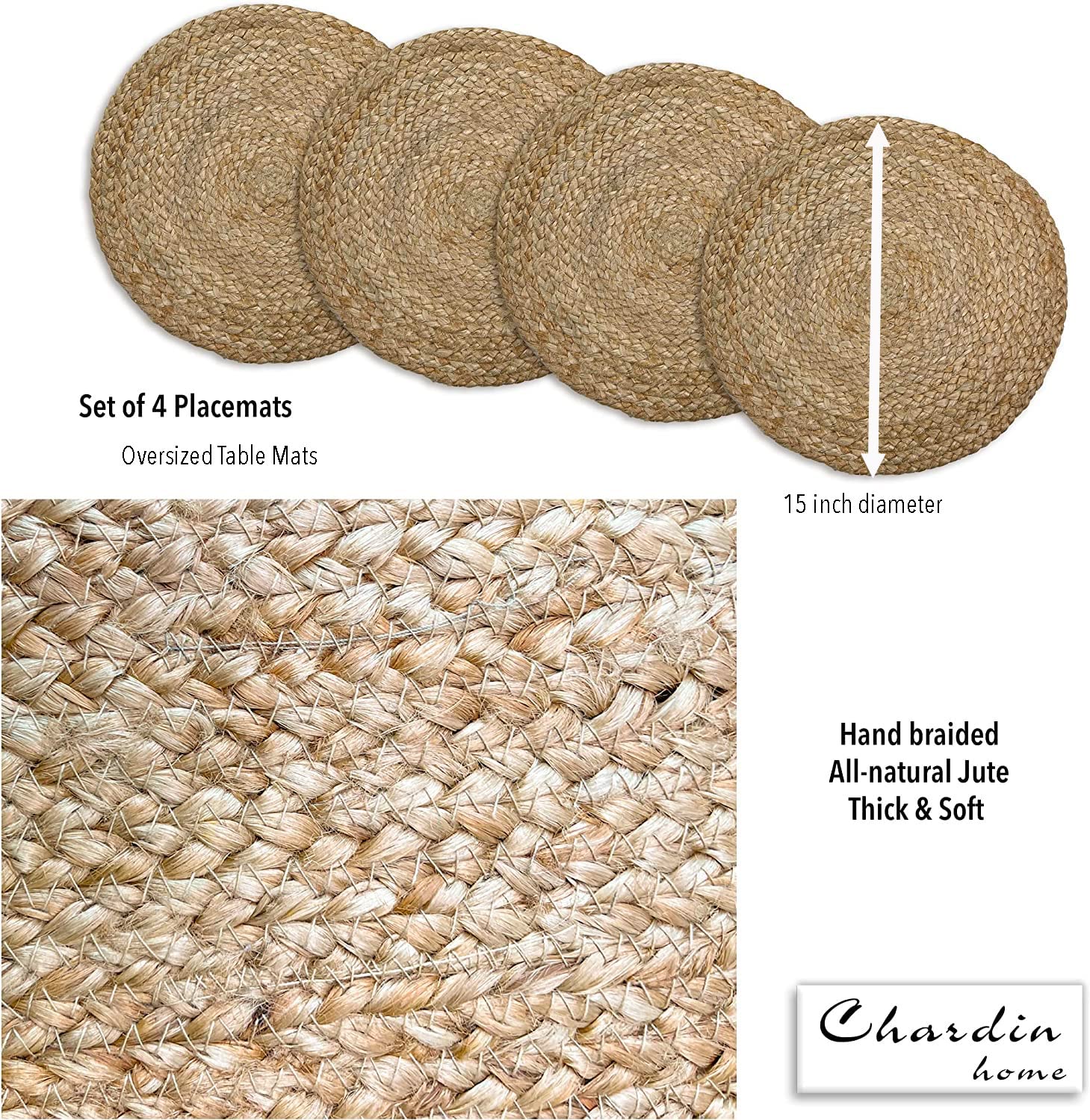 CHARDIN HOME Round Woven Jute Braided Set of 4 PLACEMATS | 15 inch ROUND Farmhouse Table mats | All Natural Jute for
