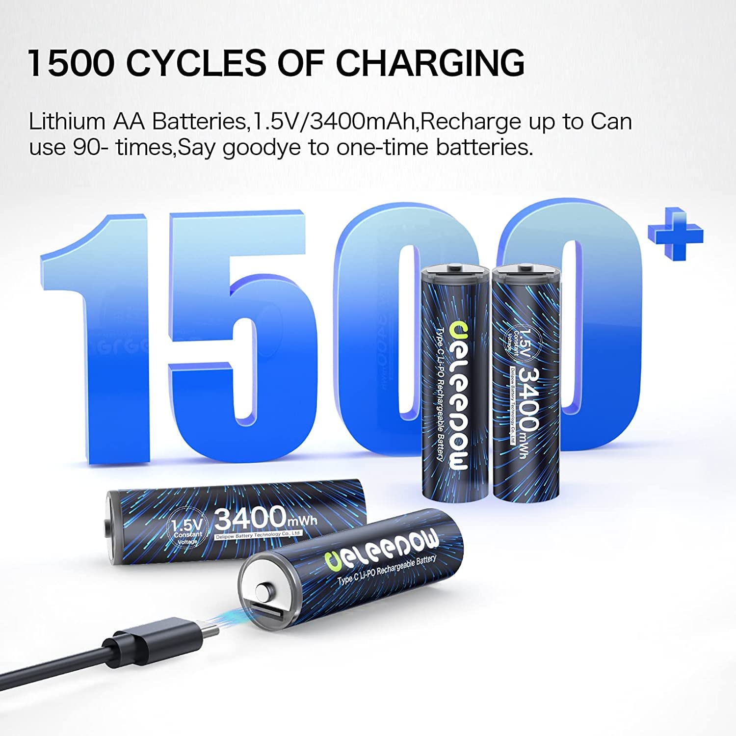 Deleepow USB Rechargeable AAA Batteries 1.5V 1200mWh Lithium AA Batteries 1500 Cycles Triple A Batteries 4-Pack