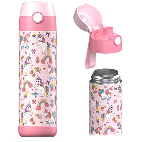 JARLSON® kids water bottle - MALI - insulated stainless steel water bottle with chug lid - thermos - girls/boys (Unicorn 'Mosaic', 18 oz)