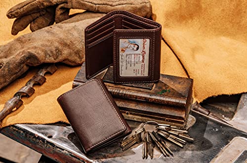 HoJ Co. Dutton Extra Capacity Trifold Wallet with Flip Out ID| 9 Card Slots & 3 Pockets | Full Grain Nappa Leather | Brown Tri fold Wallet