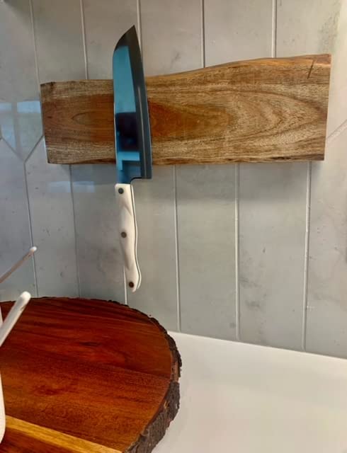 IMPROVED STRONGER Magnetic Knife Holder - Wood Knife Block - Knife Strip - Kitchen Organizer - Live Edge, Holds 5 Knives