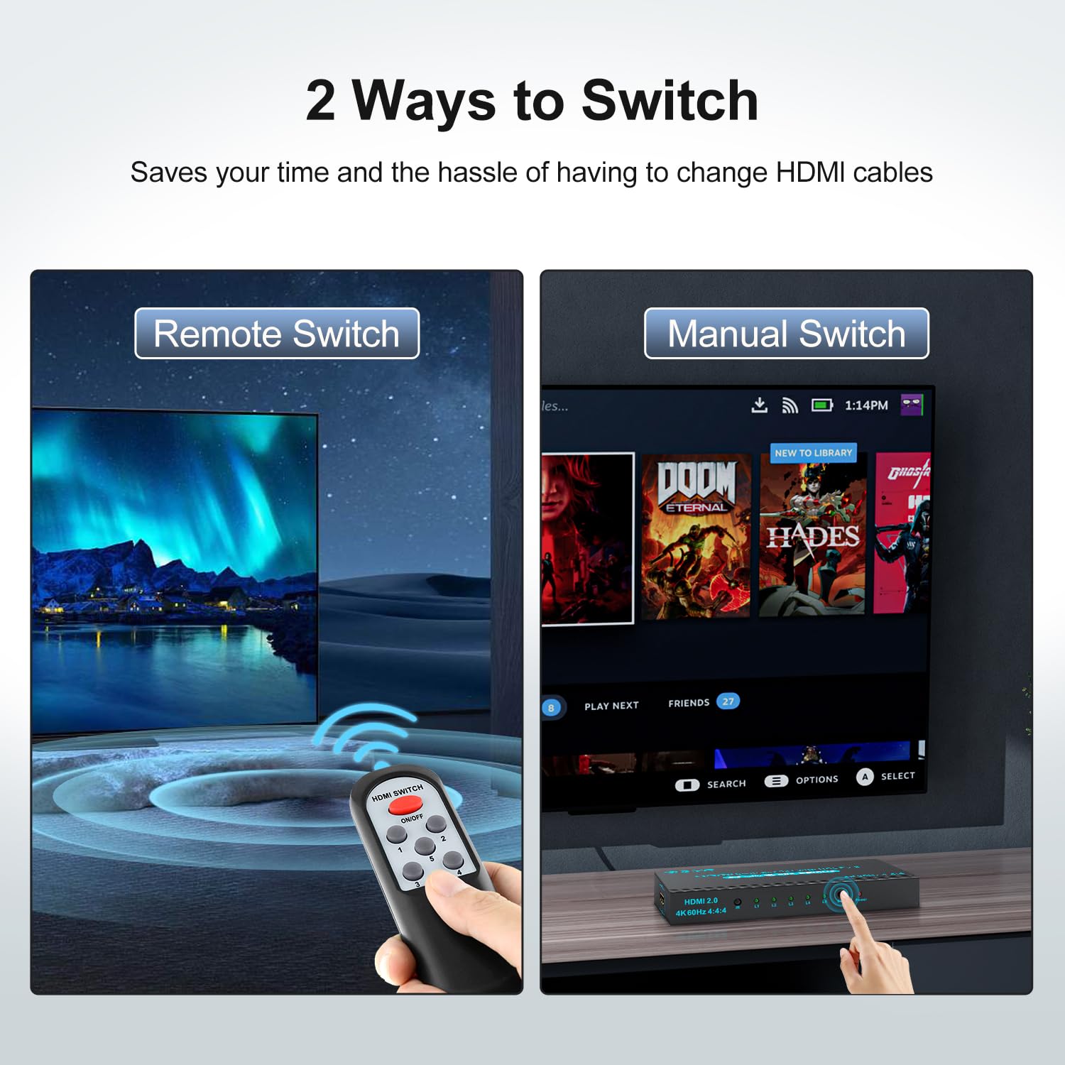 SGEYR 4K HDMI Switcher 5x1 with IR Remote, High-Speed 5 Port HDMI Selector Box 4K@60Hz Support HDR HDCP2.2 for PS5, Xbox, Roku, Fire Stick - Streamline Your Gaming Setup(Black)