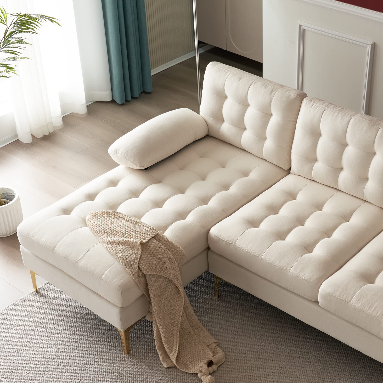 Imseigo 110" Modern Large Reversible Sectional Sofa,Modular Living Room U-Shape 4-Seater Couch with Linen Fabric for Small Space,with Extra Wide Chaise Lounge (Linen Fabric, Lattice Creamy White)