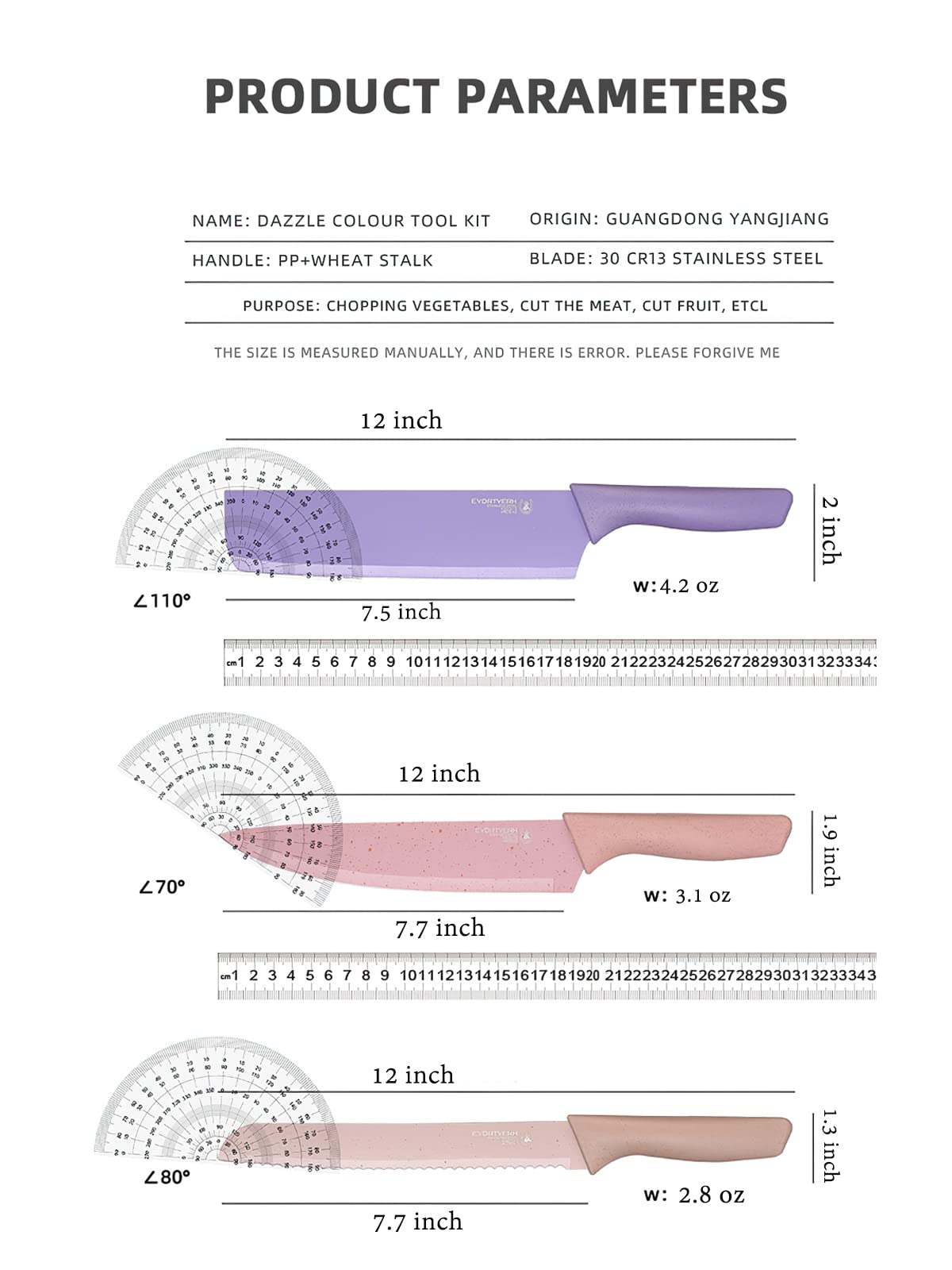 Colorful Kitchen Knives Set of 6 PCS Cute Fruit Knife Set with Gift Box,High Carbon Steel Kitchen Knife Set without Block, Environmental Wheat Straw Material Handle, Sharp Professional Chef Knife